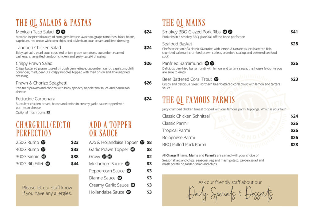 Dinner Menu - The Queensland Hotel Goondiwindi